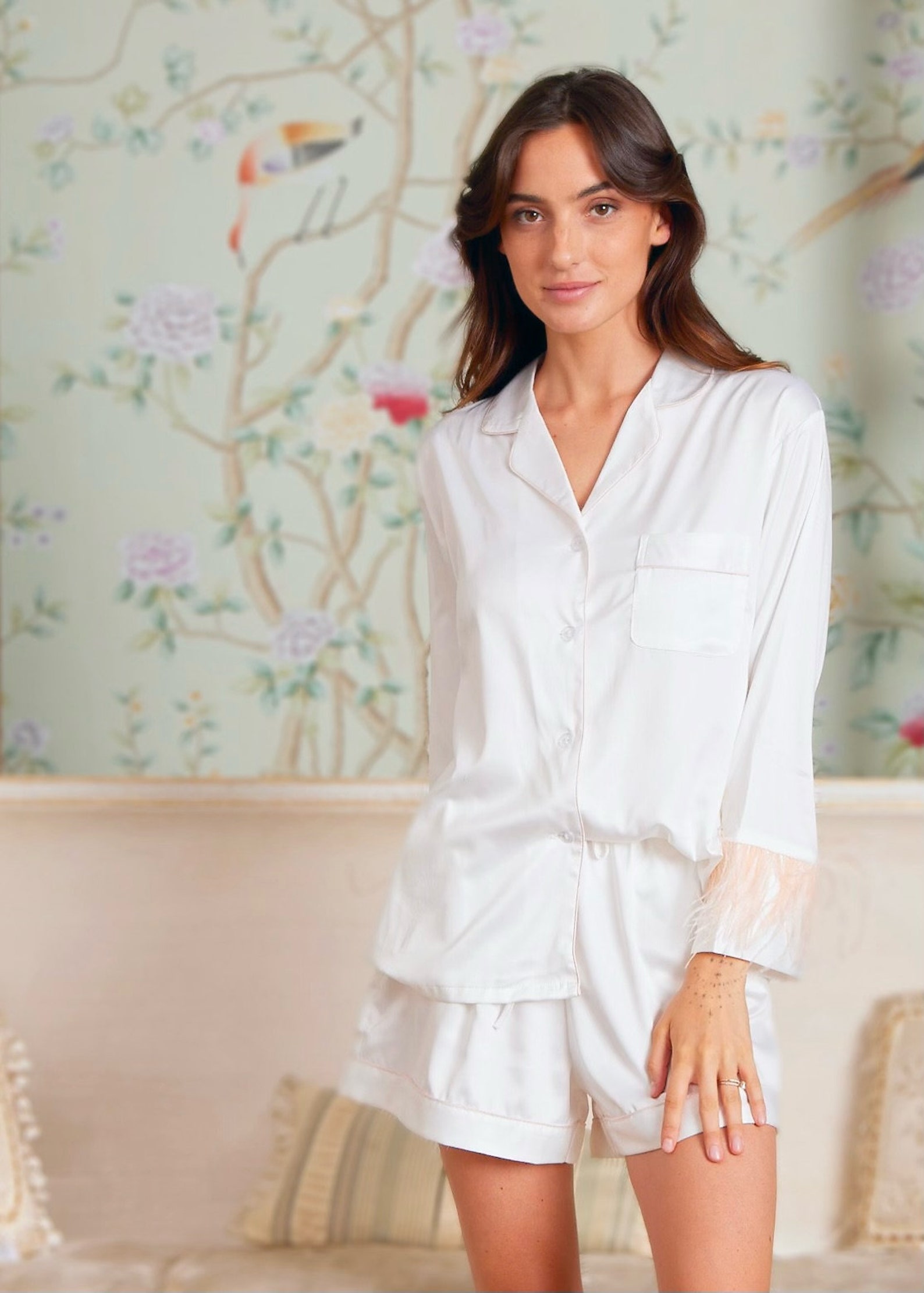 FEATHER CUFF Trimmed Pajamas | Satin BRIDESMAID Gift | Silk Satin ...