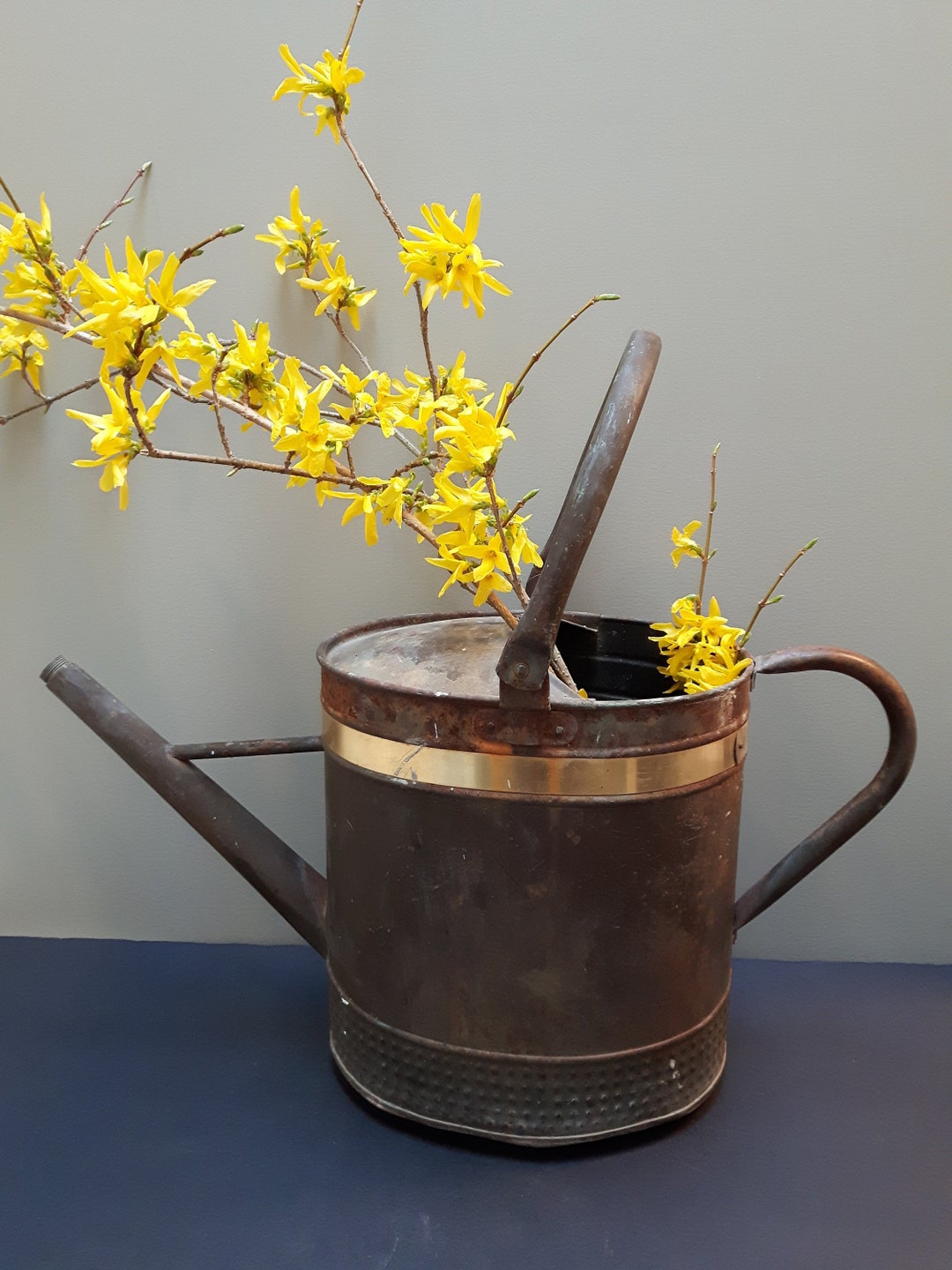 Vintage Rusty Old Watering Can, Tin, Metal Brass Trim, Two Handles ...