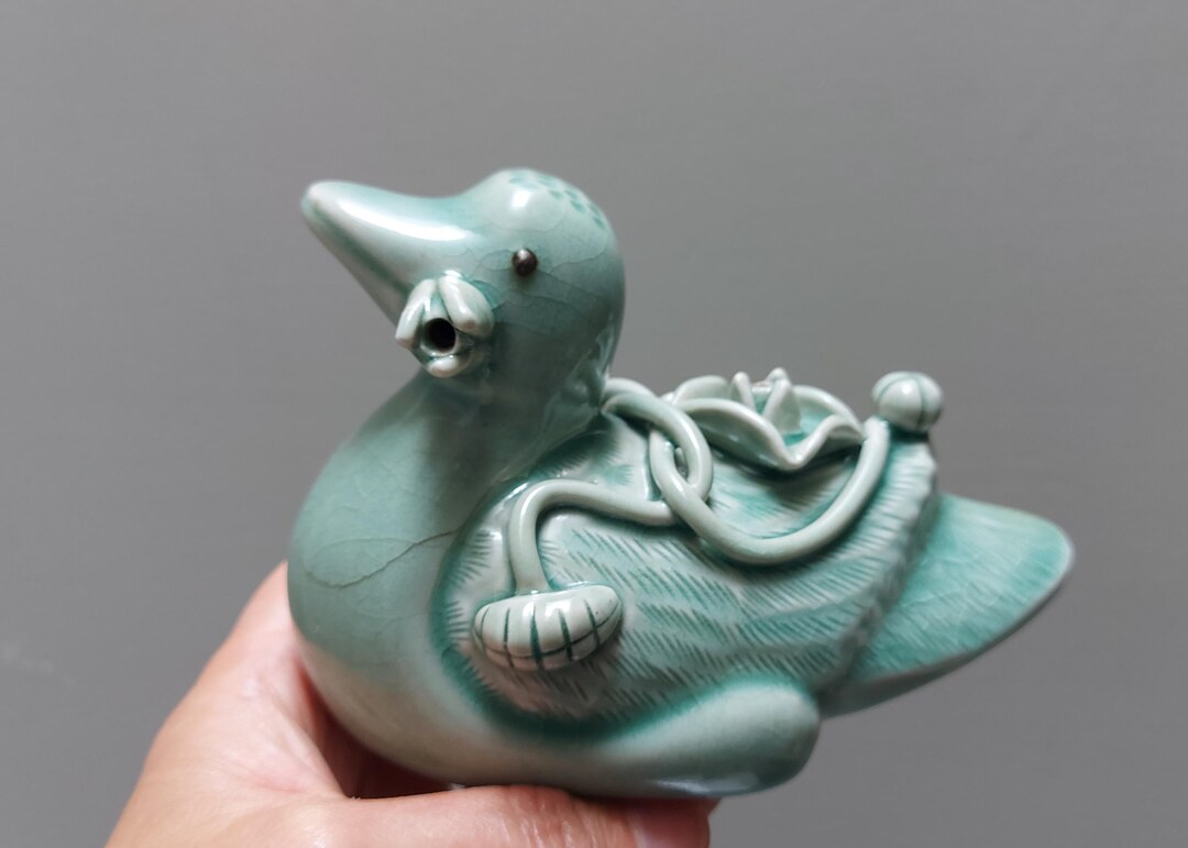 Asian Ceramic Figure, Bird, Porcelain, Light Blue Green, Rope in Mouth ...