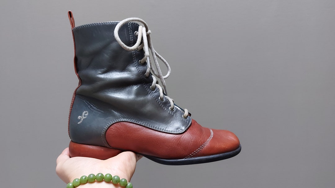 John Fluevog Ladies Ankle Boots, Granny Style Lace Up, Two Tone, Gray ...