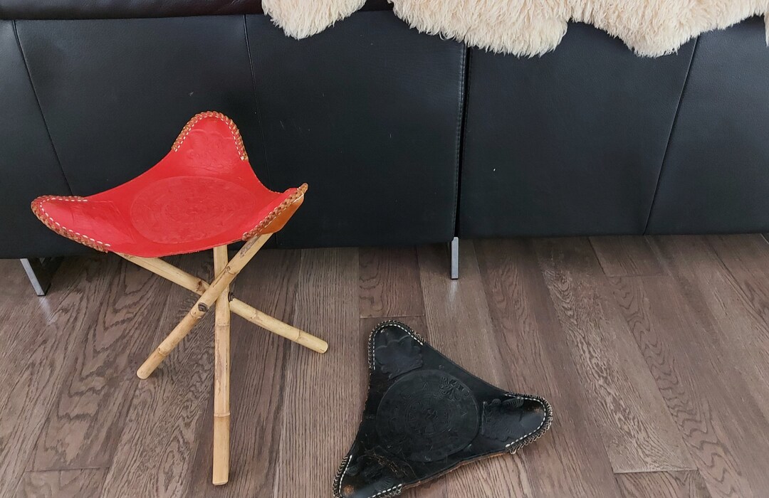 Tripod Leather Stool, Mexican Leather Stool, Handmade Tooled Leather, 2 ...