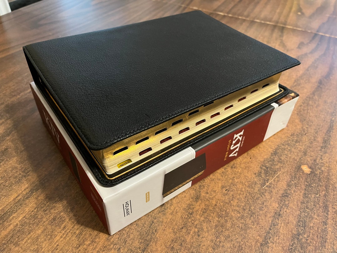 Personalized KJV Study Bible Thumb Indexed, Black Genuine Goatskin ...