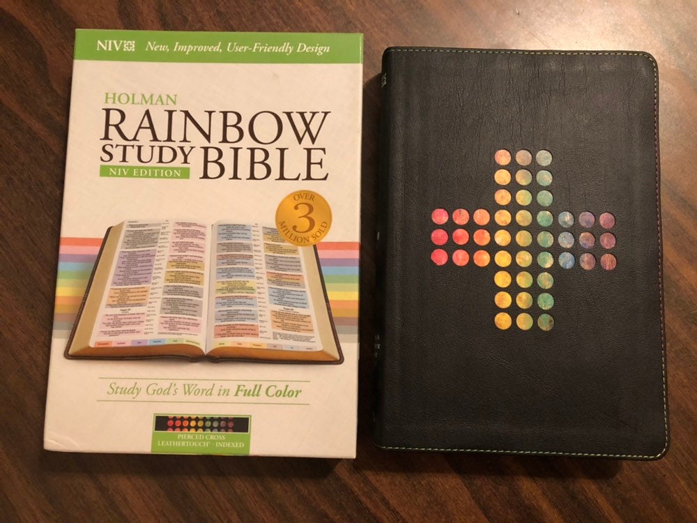PERSONALIZED NIV Rainbow Study Bible Indexed - Black Leathertouch Cover ...