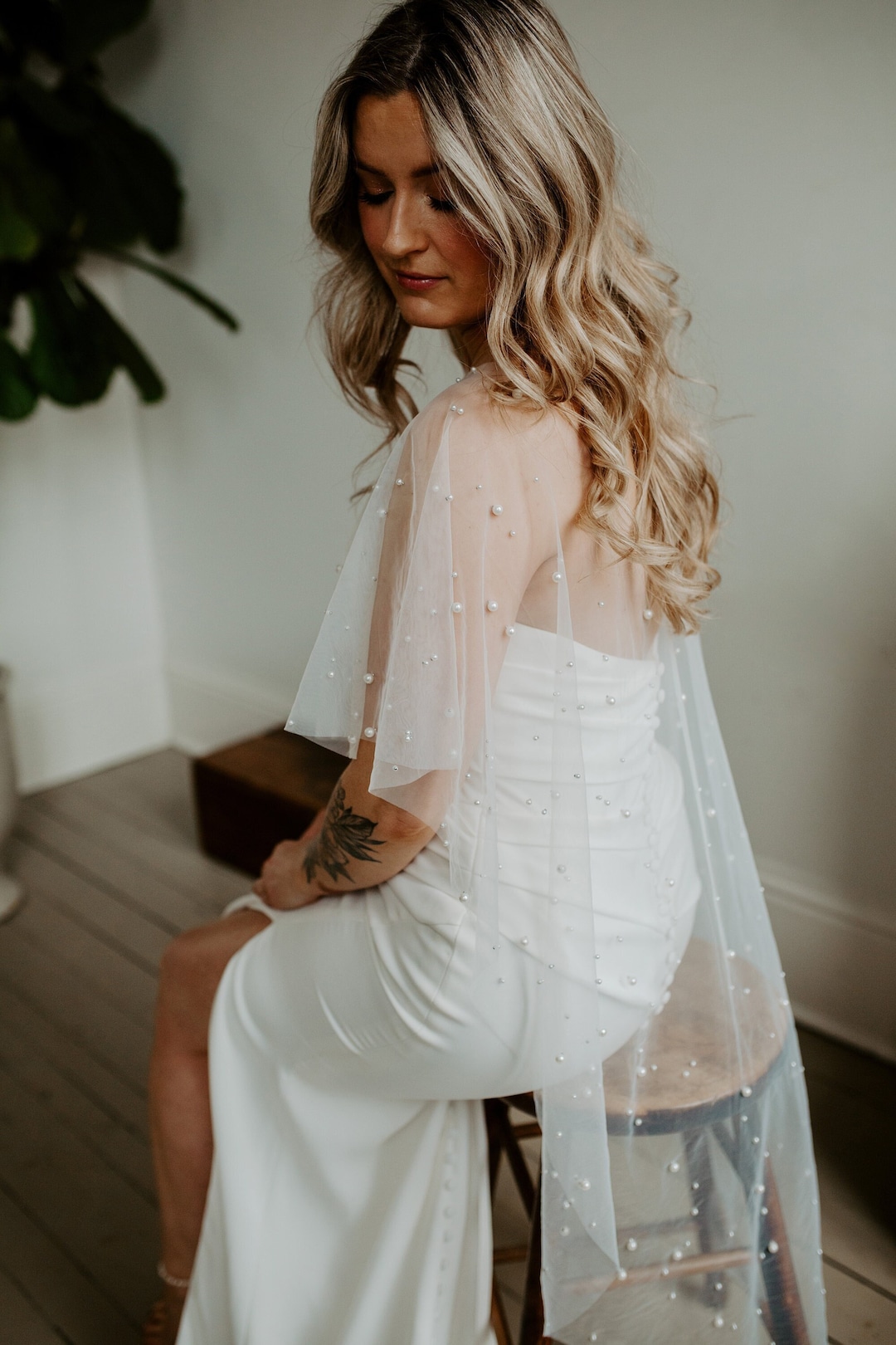 Soft Beaded Pearl Cape, Raw Edge, Bridal Wedding Veil, 62" Wide ...