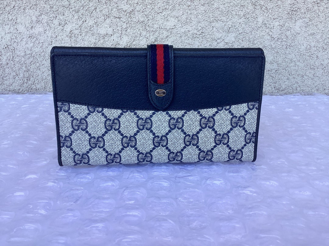 Vintage Old Gucci Trifold Wallet Blue Canvas Great Preowned Condition ...