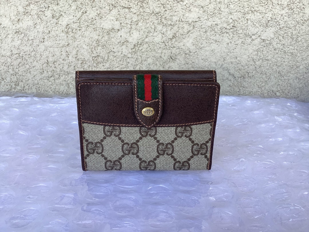 Old 1990s Vintage Gucci Small Bifold Wallet Brown Canvas Good Preowned ...