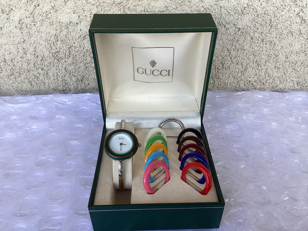 Old 1990s Vintage Gucci Interchangeable Bezel Bangle Watch Stainless ...