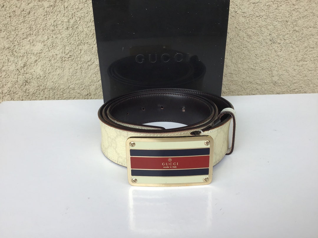 Vintage Old Gucci Belt Cream Canvas Belt Enameled Buckle Unisex Good ...
