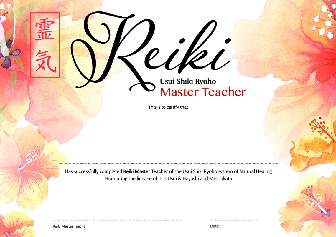 Usui Reiki Master Teacher Certificate Template, Reiki Certificate of ...