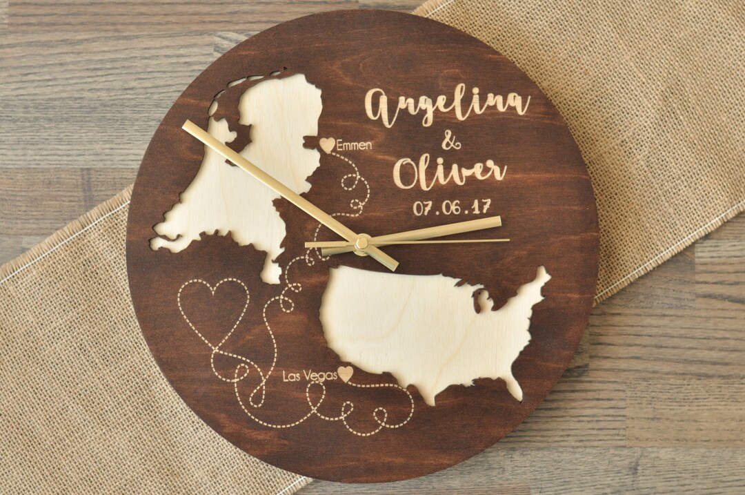 Personalized Map Destination Wedding Wooden Wall Clock Stained Wood ...