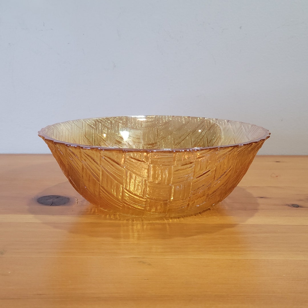 Vintage INDIANA GLASS Basket Weave Bowl Marigold Iridescent Weavetex ...