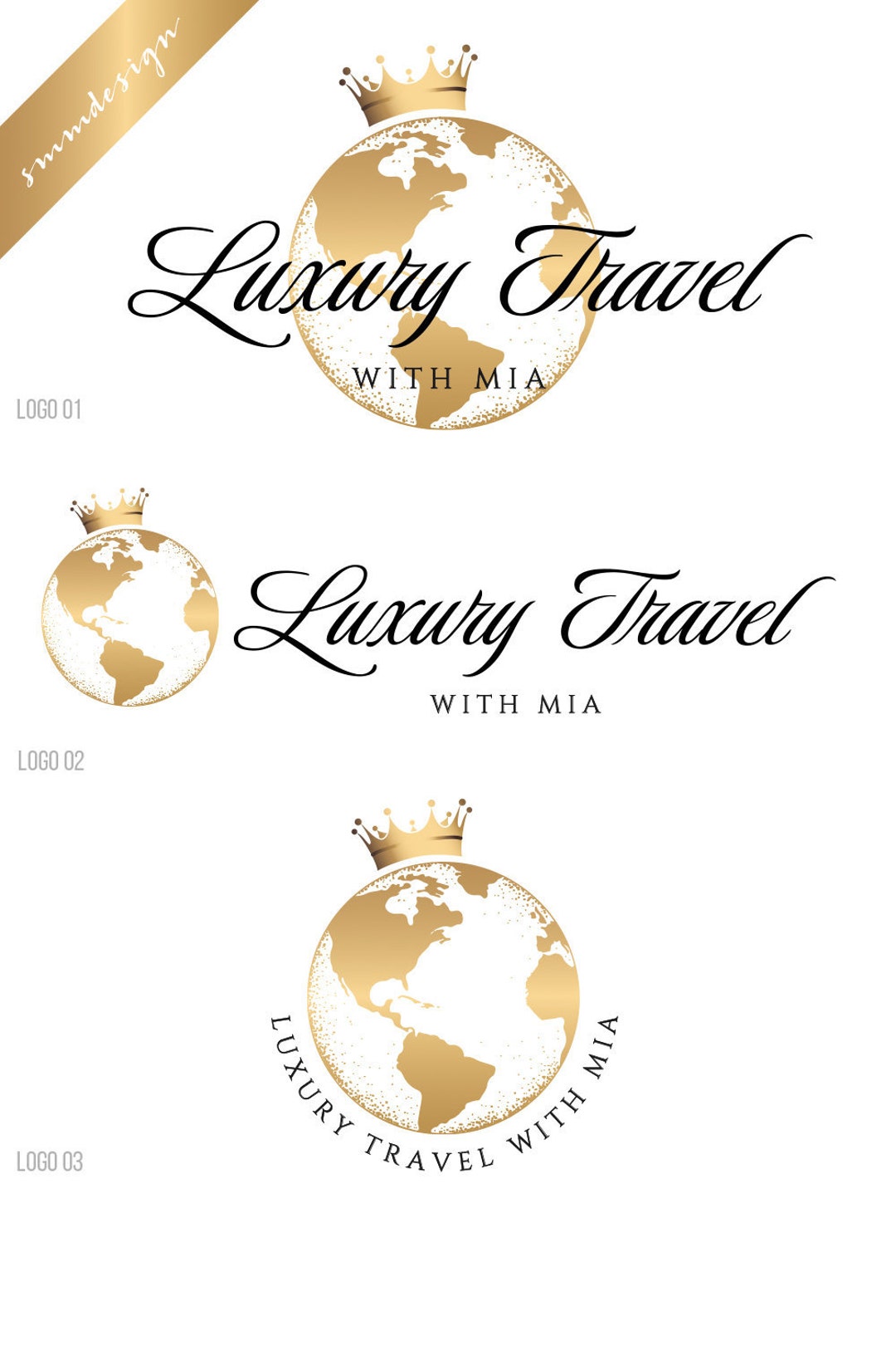 Travel Logo, World Map Logo, Premade Logo Branding Package, Crown Logo ...