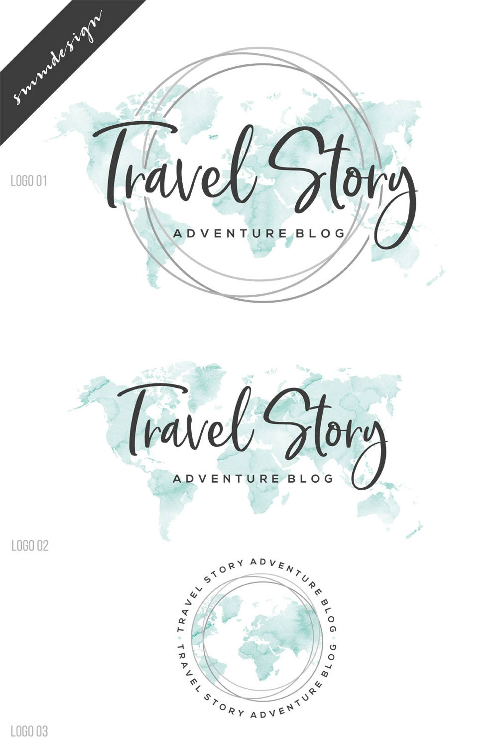 Travel Logo Watercolor Logo, Premade Logo Branding Package, World Map ...