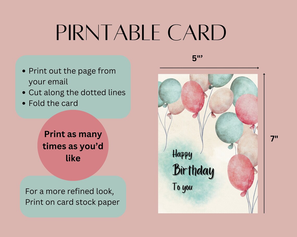Printable Watercolor Balloons Birthday Card (PDF) - Etsy