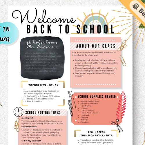 Welcome Back to School Newsletter EDITABLE Classroom - Etsy