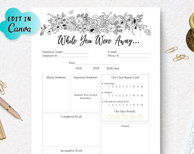Substitute Note, Classroom Notes, Personalized Teacher Note, Editable ...