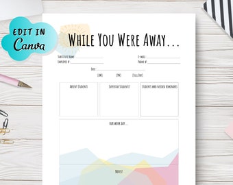 Editable Teacher Printable, Substitute Note, While You Were Out, Sub ...
