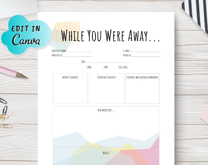 Substitute Note, Classroom Notes, Personalized Teacher Note, Editable ...
