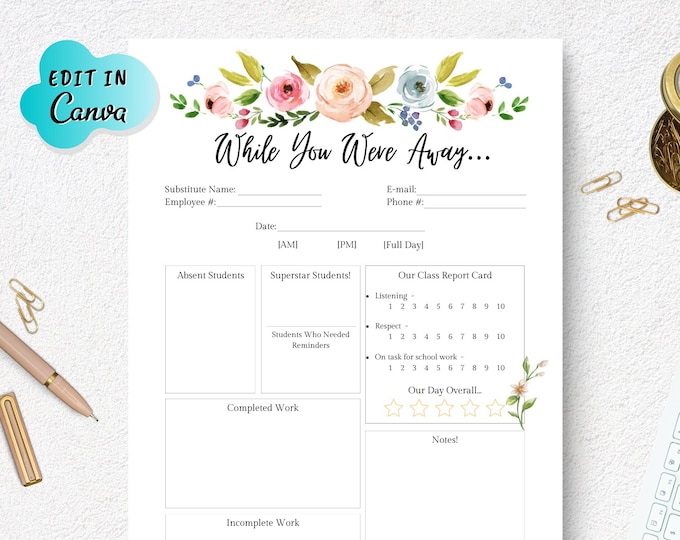Substitute Note, Classroom Notes, Personalized Teacher Note, Editable ...