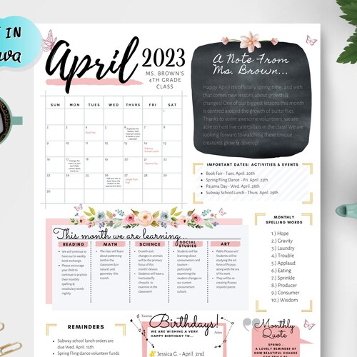 Editable School Newsletter April Newsletter Classroom - Etsy
