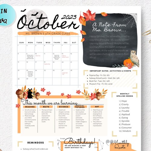 Editable School Newsletter Monthly Newsletter October - Etsy