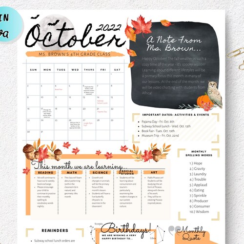 Editable School Newsletter Monthly Newsletter October - Etsy
