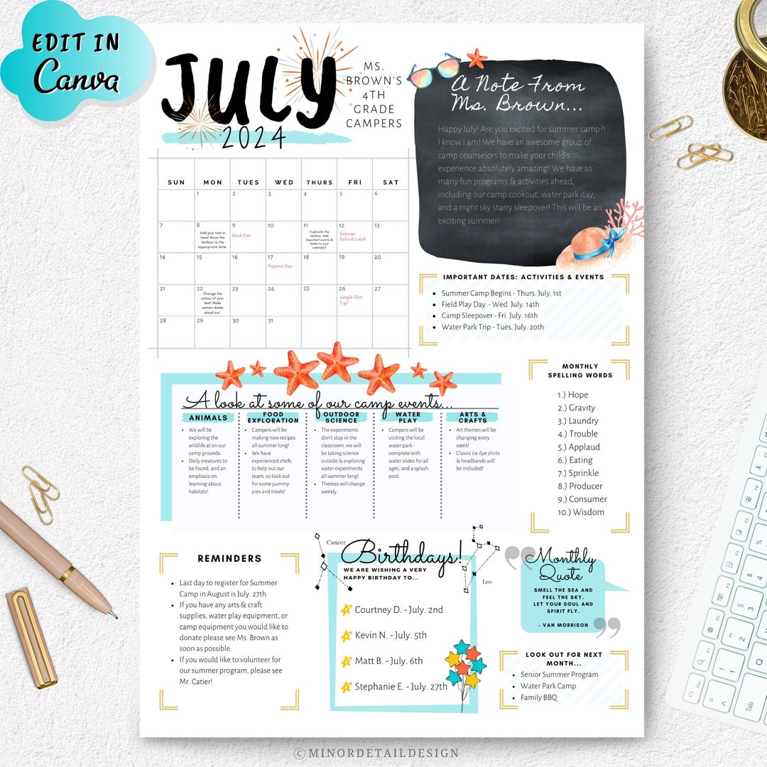 Editable School Newsletter, July Newsletter, 2024 Newsletter, Classroom ...
