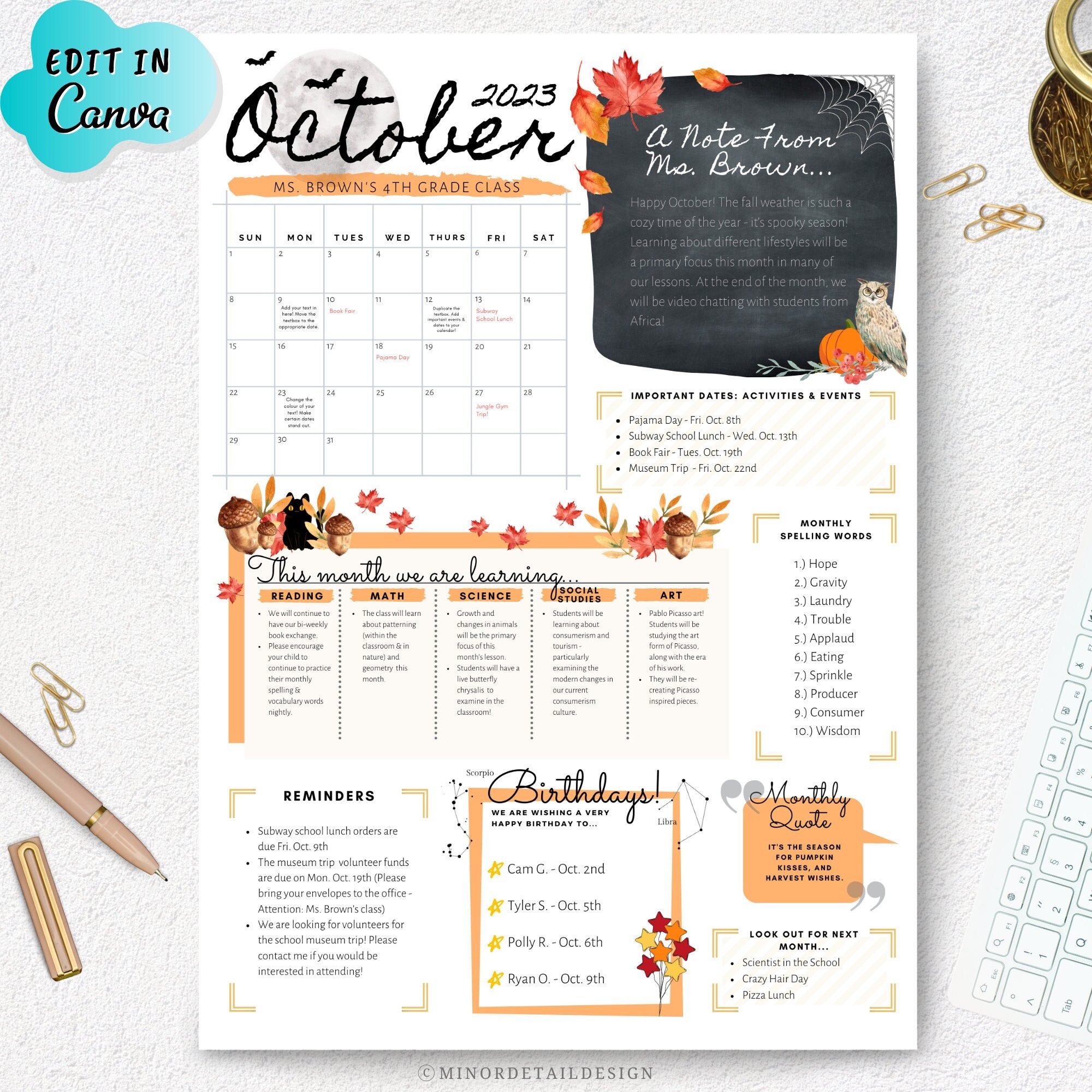 Editable School Newsletter Monthly Newsletter October - Etsy