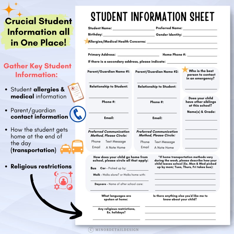 Student Information Sheet Parent Contact Sheet Student - Etsy