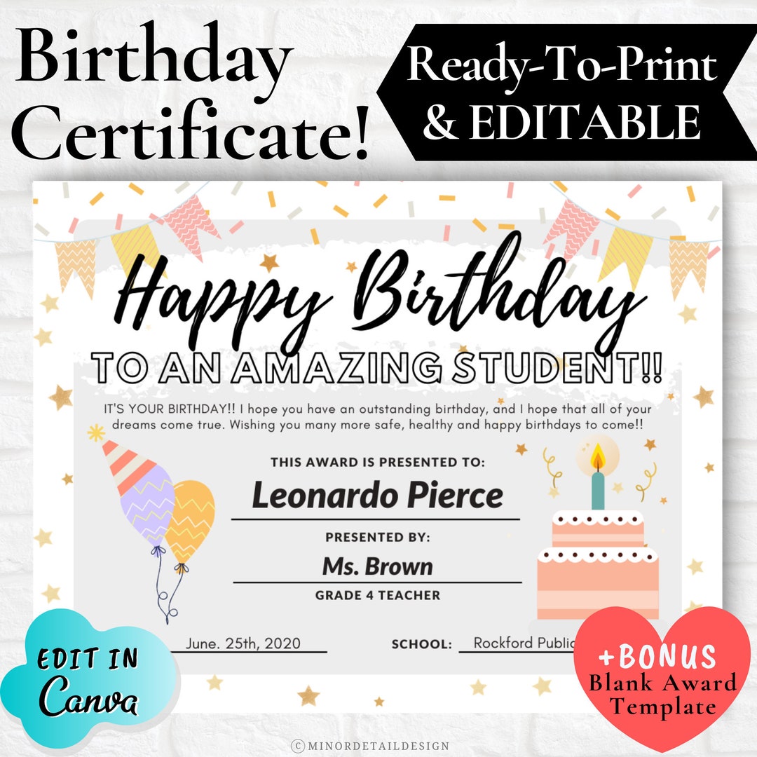 Happy Birthday Certificate, Happy Birthday Award, Certificate for ...