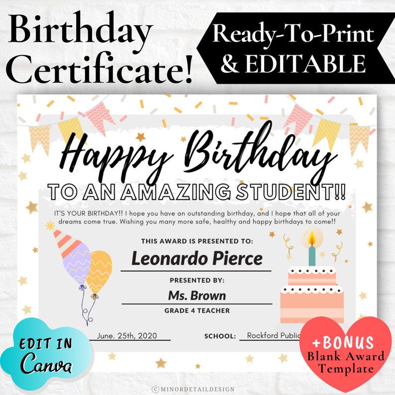 Happy Birthday Certificate, Happy Birthday Award, Certificate for ...