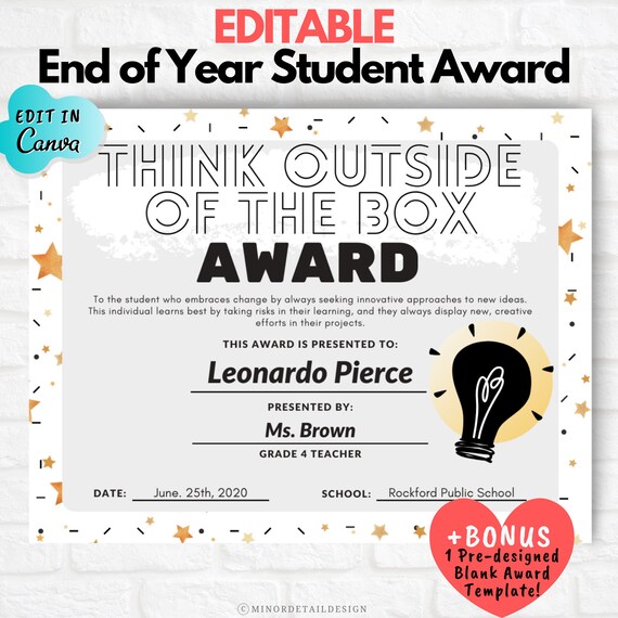 EDITABLE School Award School Award Template Student Award | Etsy