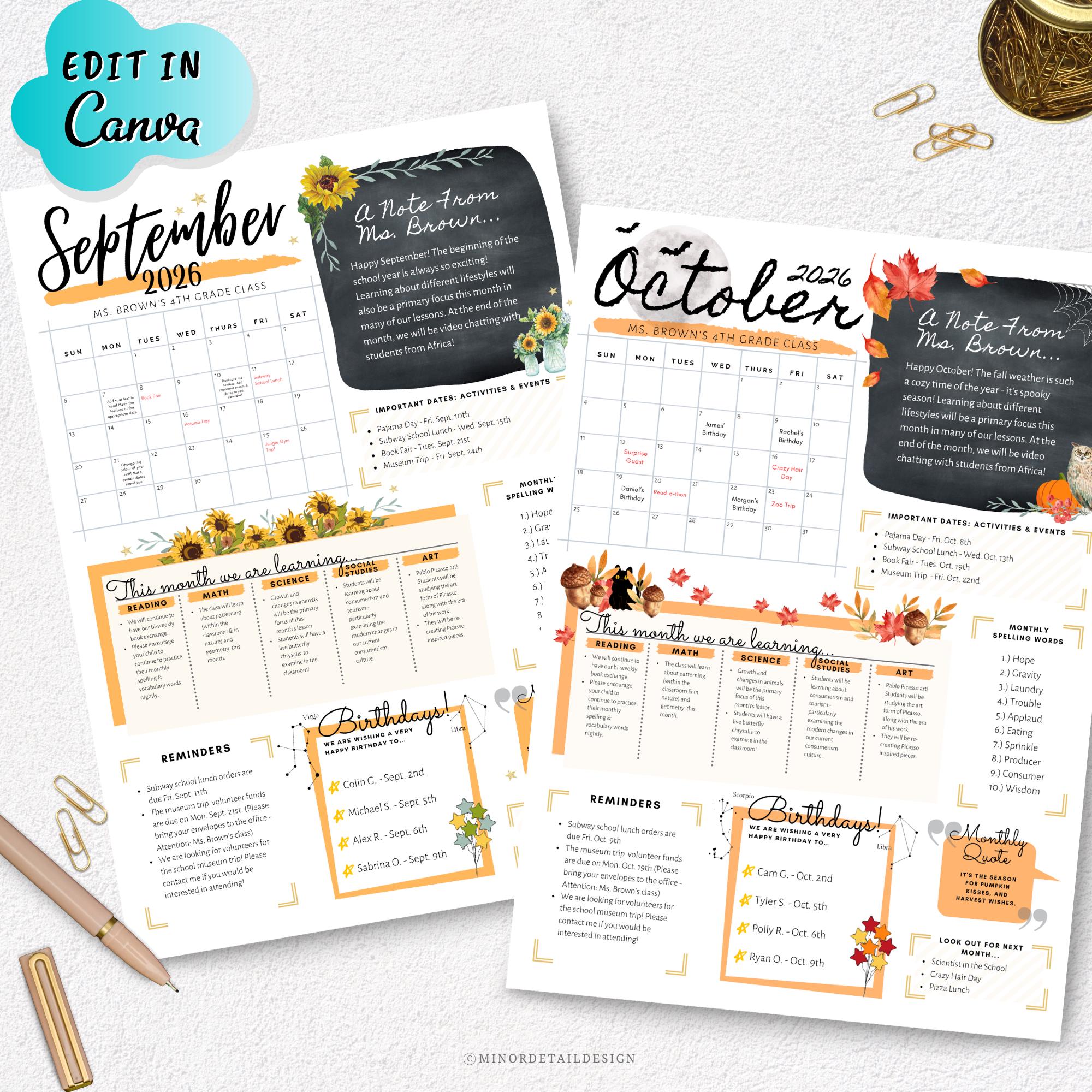 EDITABLE School Newsletter, MONTHLY Classroom Newsletter, 12 Month ...