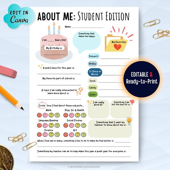 EDITABLE Student About Me All About Me Printable Back to - Etsy
