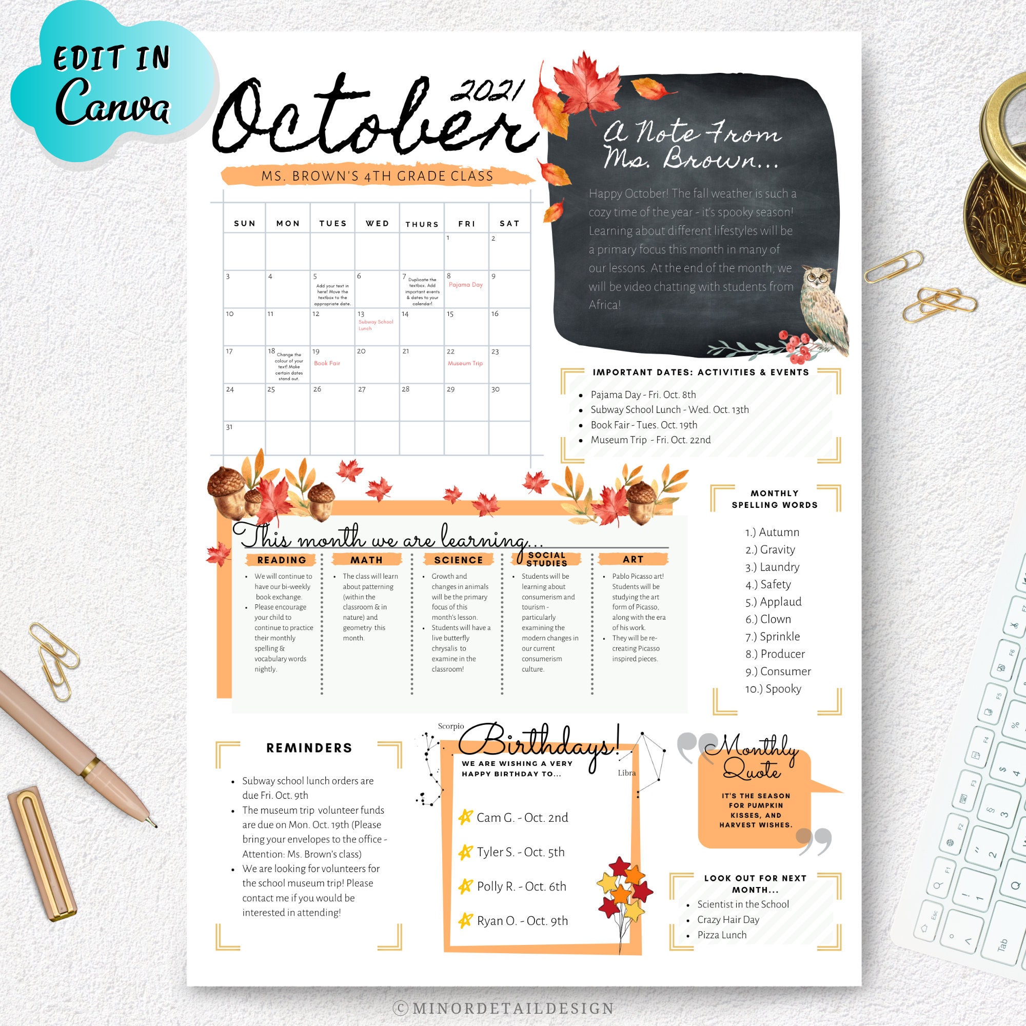 Editable School Newsletter Monthly Newsletter October | Etsy