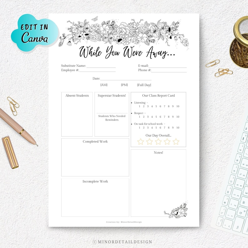 Editable Teacher Printable, Substitute Note, While You Were Out, Sub ...