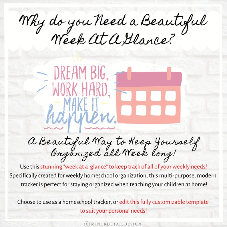 EDITABLE Home School Schedule, Week at A Glance Planner, Week at A ...