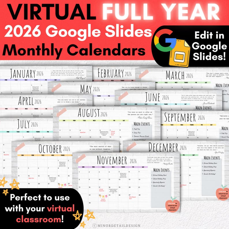 Virtual Classroom Calendar, GOOGLE SLIDES Calendar, Digital Classroom ...