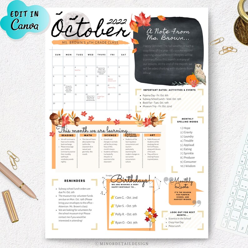 Editable School Newsletter Monthly Newsletter October - Etsy