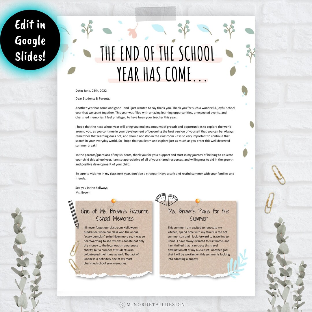 Floral End of Year School Note, End of the Year Note, End of the Year ...