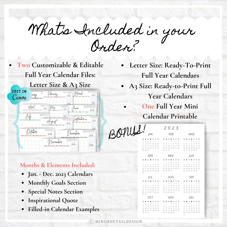 12 Month Calendar Printable Full Year Calendar Printable - Etsy