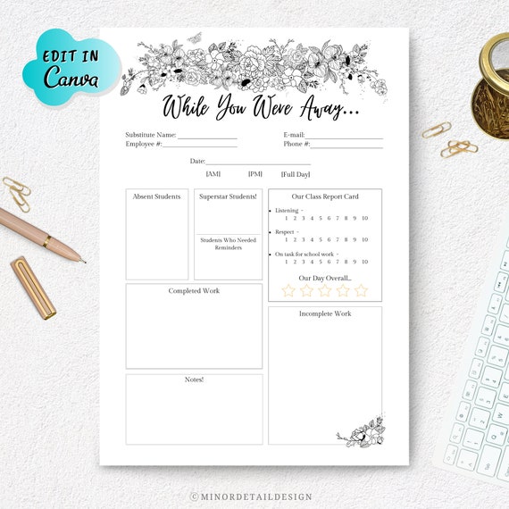 Stationery Sub Teacher Substitute Note While You Were Out Editable ...