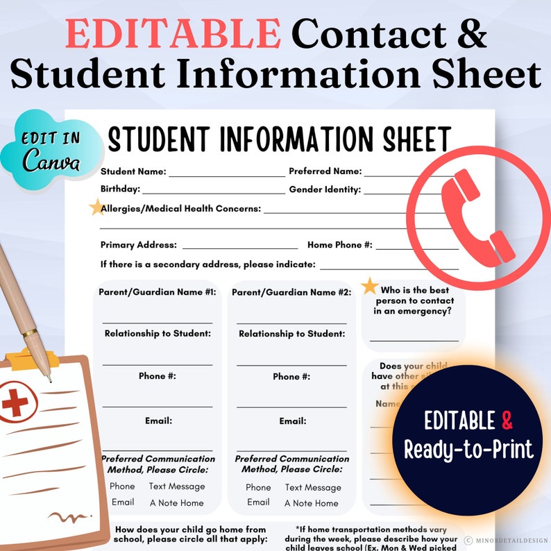 Student Information Sheet, Parent Contact Sheet, Student Information ...