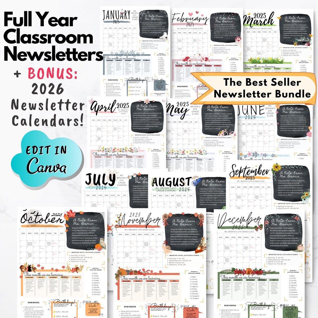 EDITABLE School Newsletter, Monthly Classroom Newsletter, 12 Month ...