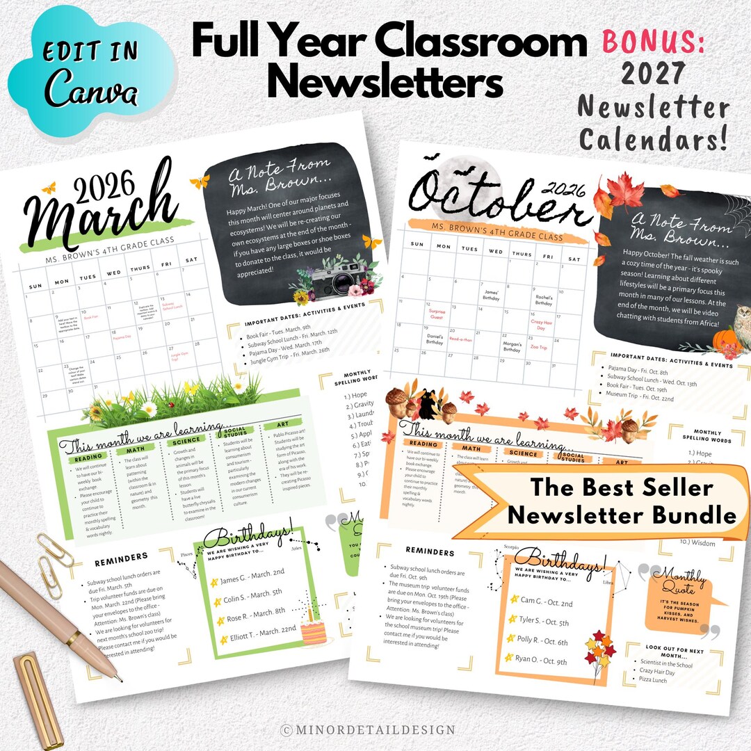 EDITABLE Classroom Newsletter, Teacher Newsletter Template, FULL YEAR ...