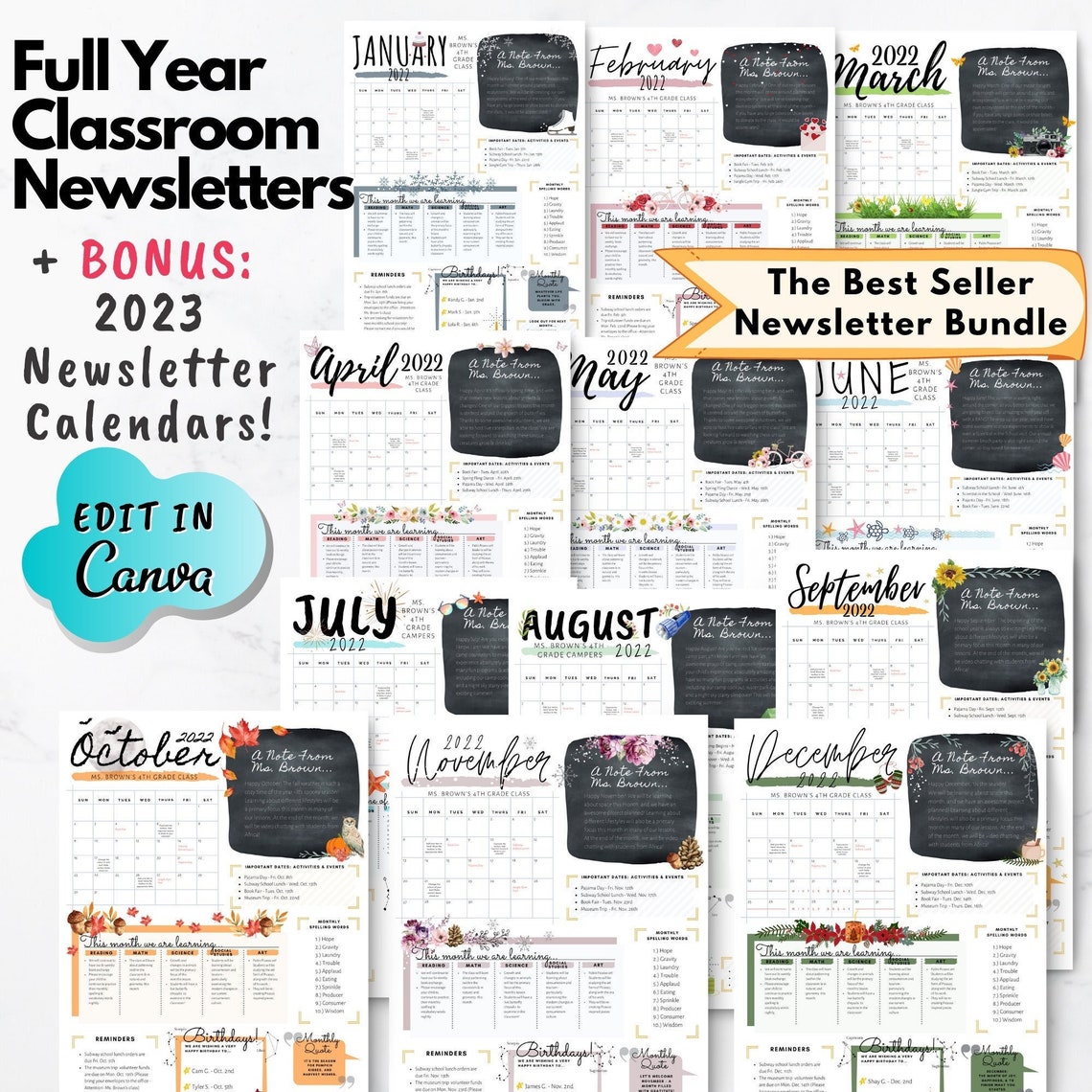 Editable School Newsletter Monthly Classroom Newsletter 12 - Etsy