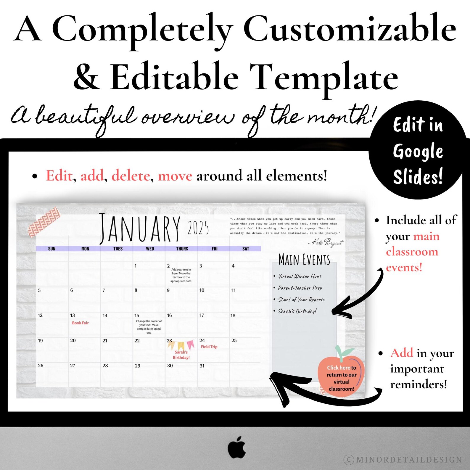 Virtual Classroom Calendar, Google Slides Calendar, Digital Classroom ...