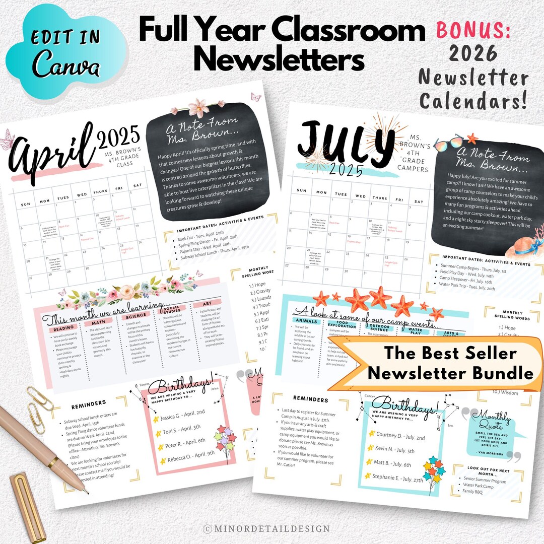 EDITABLE Classroom Newsletter, Teacher Newsletter Template, Full Year ...