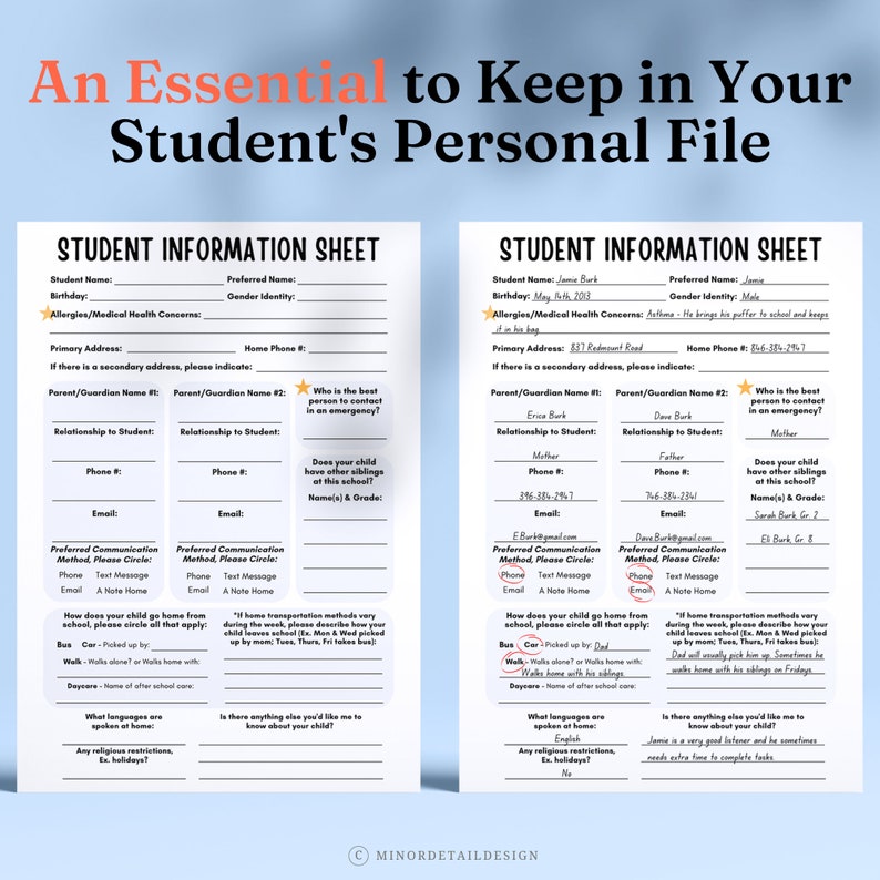 Student Information Sheet, Parent Contact Sheet, Student Information ...