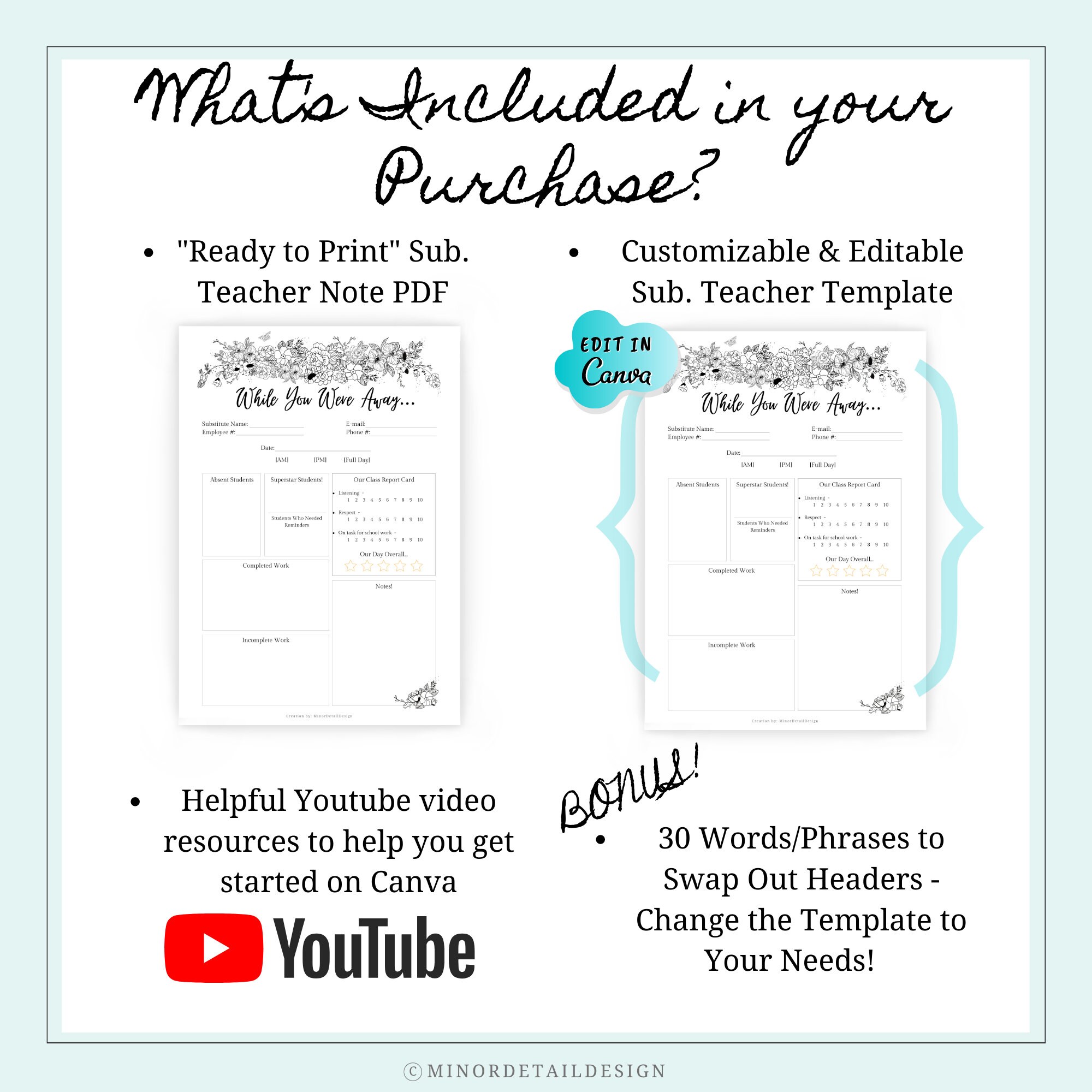 Editable Teacher Printable Substitute Note While You Were - Etsy